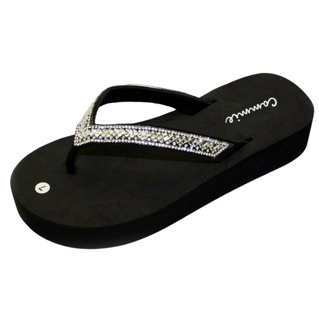 CAMMIE W-328 Women's Black Platform Wedge Rhinestone Bling Slides Flip ...