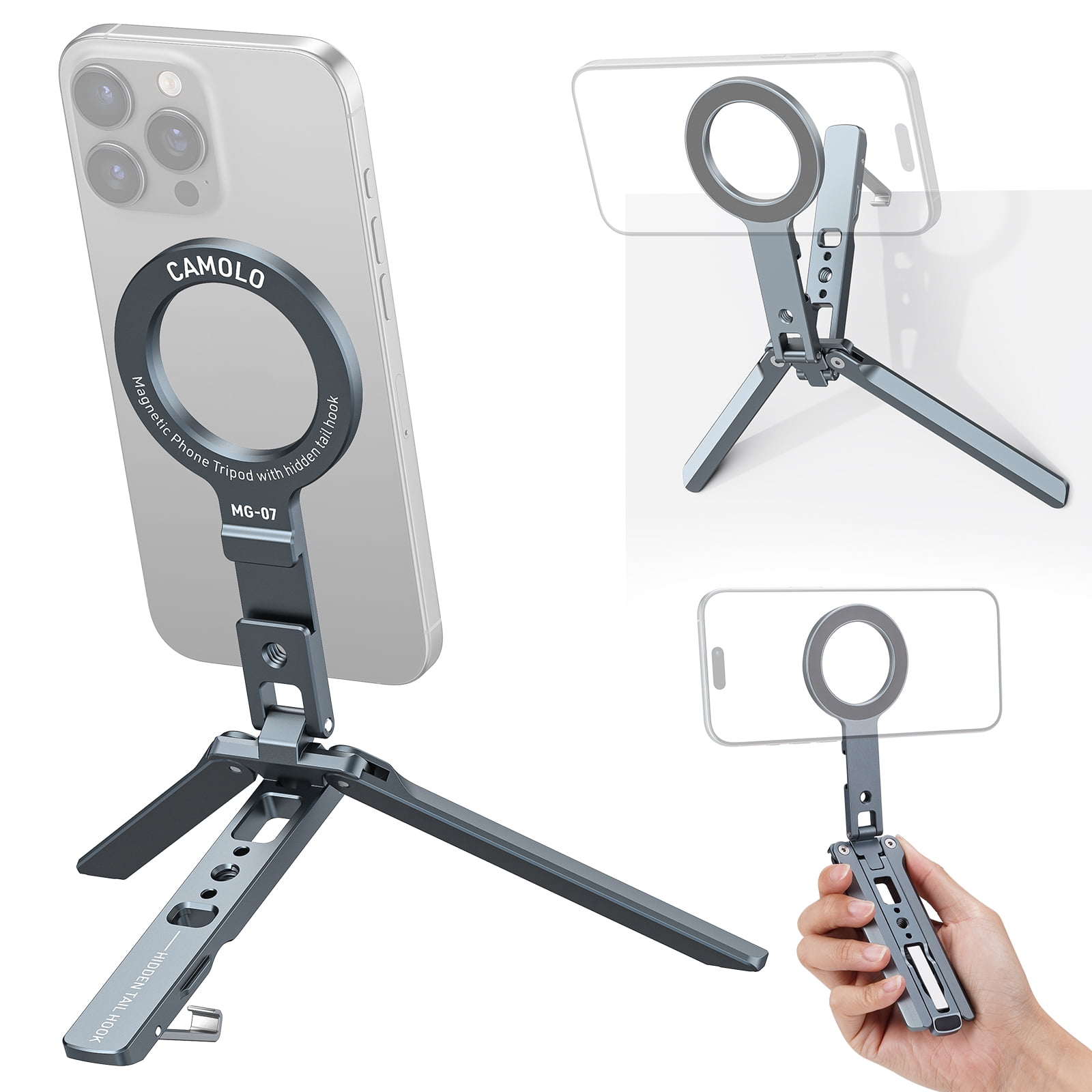 CAMOLO MG-07 Magnetic Tripod Mount with Hidden Hook for iPhone 16/15/14 ...
