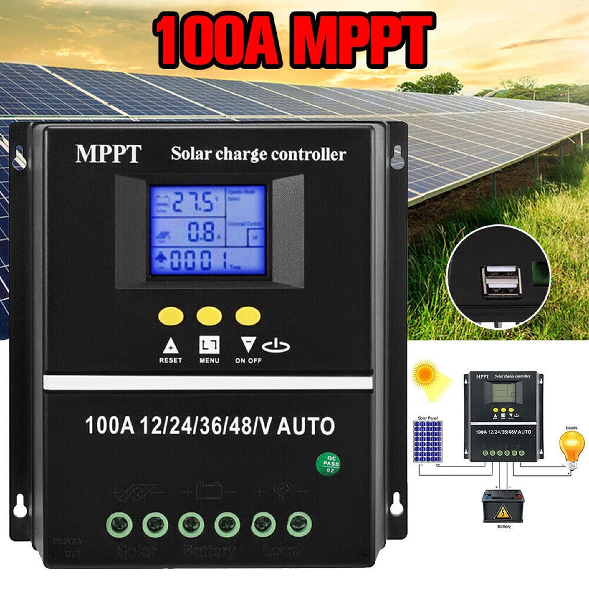 CAMOTUSE 100A MPPT Solar Charge Controller 12V/24V/36V/48V LCD Display Battery Regulator ...