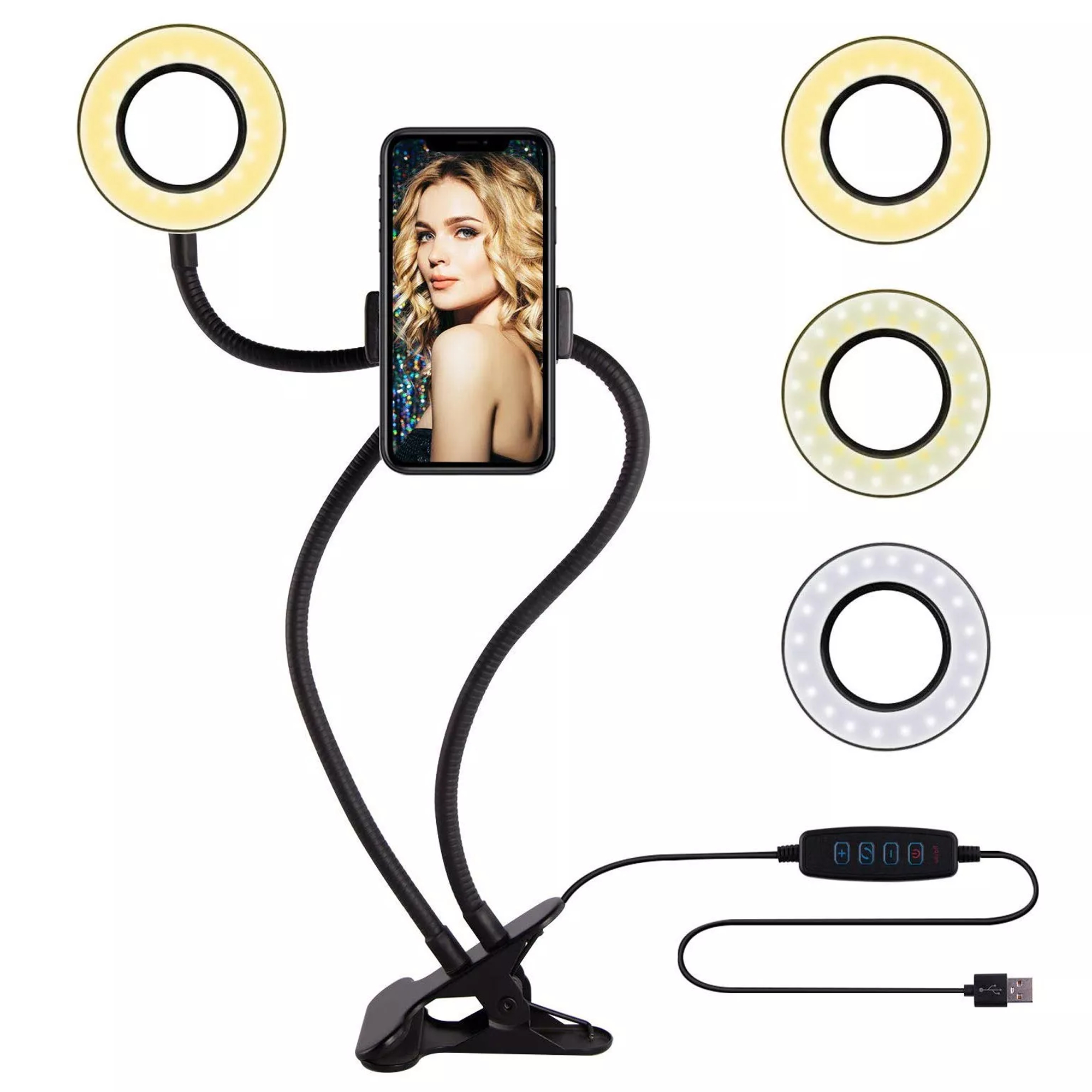 CAMOTUSE Black LED Selfie Ring Light Phone Holder Flexible Stand Long ...