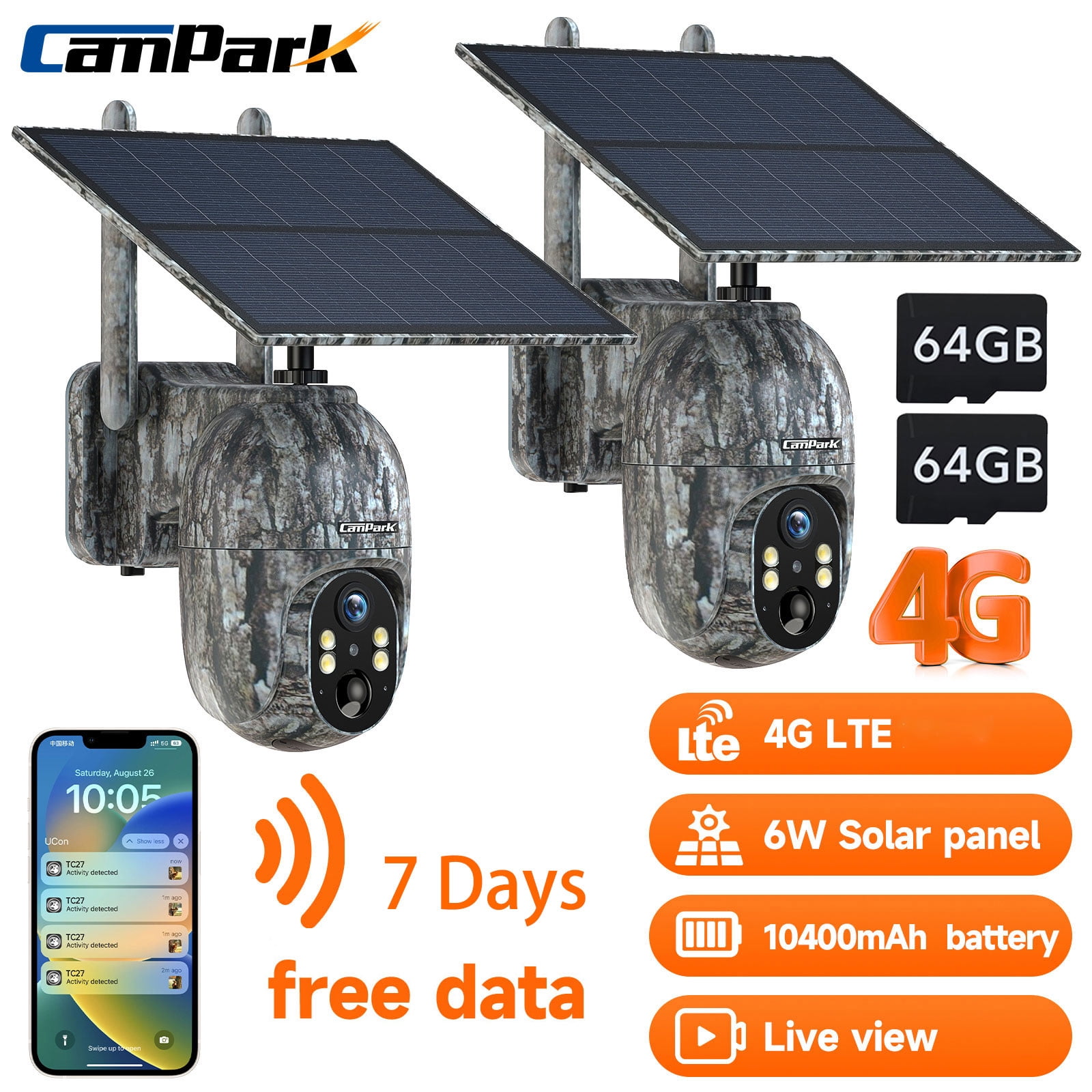 CAMPARK 2 Pack 4G LTE Cellular Trail Camera Wireless, Solar Game Camera ...