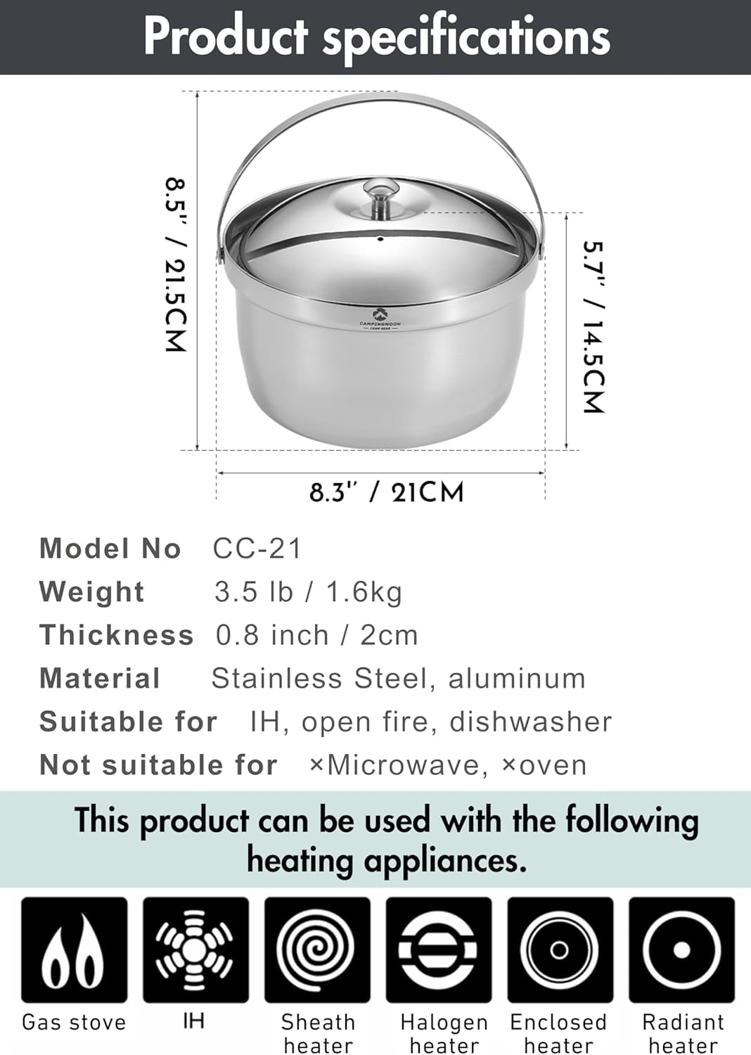 CAMPINGMOON 3.0L Cooking Pot 3-ply Stainless Steel IH Compatible Rice ...