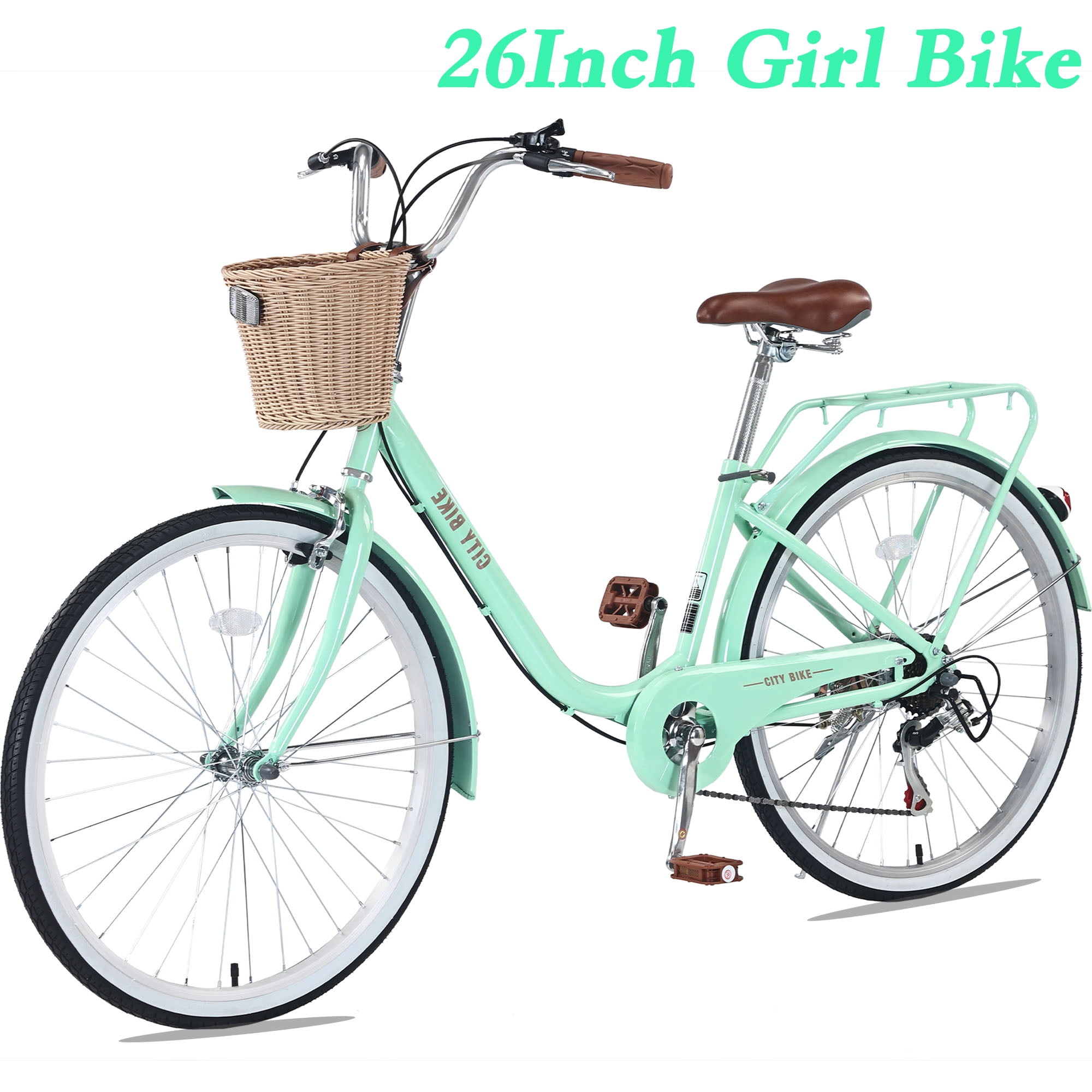POVANLI 26'' Ladies Bicycle with Basket Adult Full Shimano 7 Speed ...