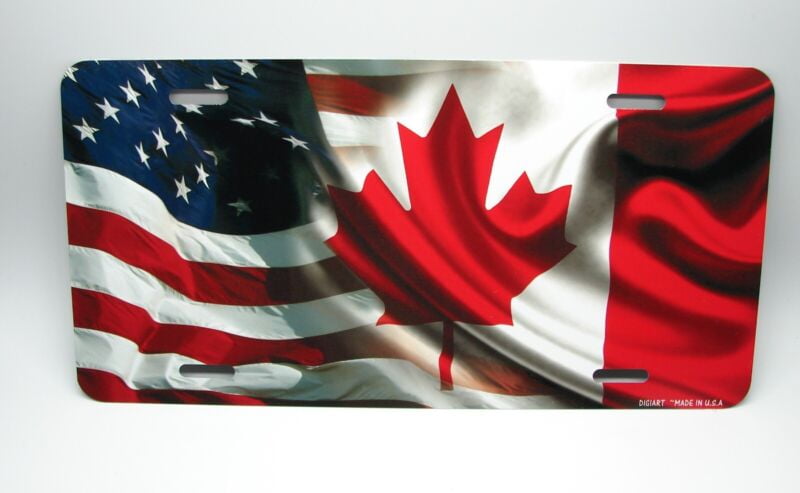 CANADIAN FLAG AMERICAN FLAG METAL CAR LICENSE PLATE.CANADA FLAG LICENSE ...