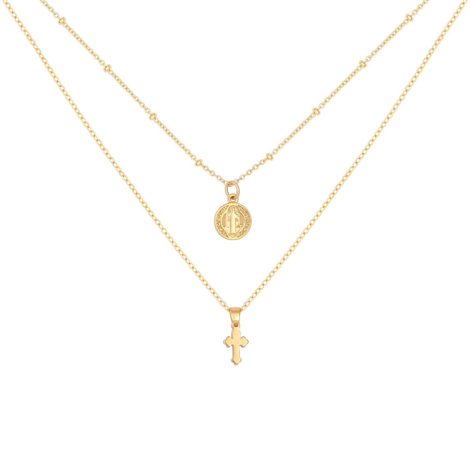 CANEVINKA Dainty Tiny 18K Gold St Benedict Medals Layered Cross ...