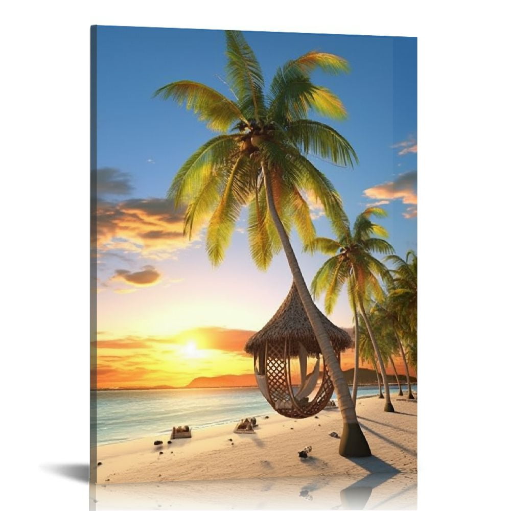 WENZZ Beach Seaside Canvas Wall Art: Coastal Coconut Trees Painting ...