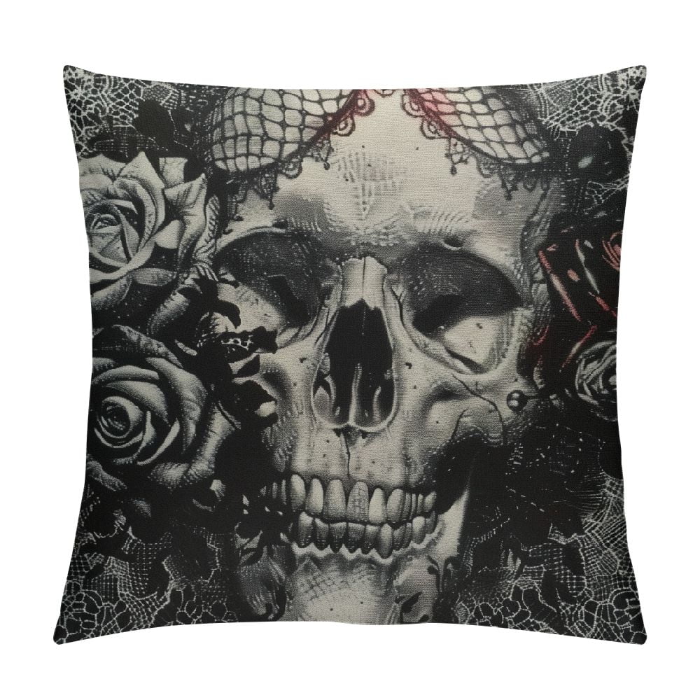 Canflashion Black And White Skull Throw Pillow Cover Rose Lace Bone