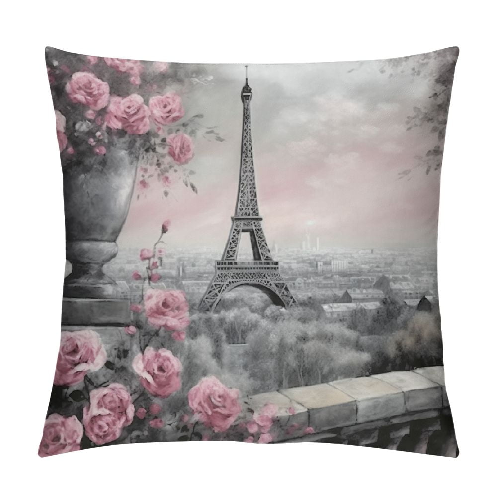 CANFLASHION Eiffel Tower Throw Pillow Cover Romantic Love Flower Square ...