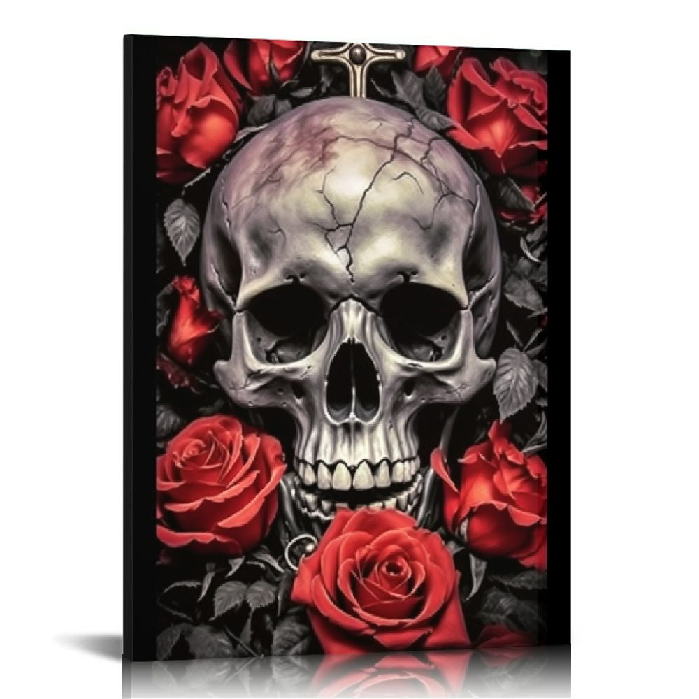 CANFLASHION Human Skull Canvas Wall Art Sugar Skull with Red Rose ...