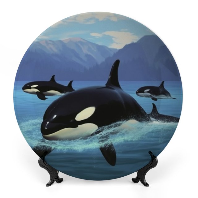 CANFLASHION Orca Whales Ocean Mountains Bone China Decorative Plate ...