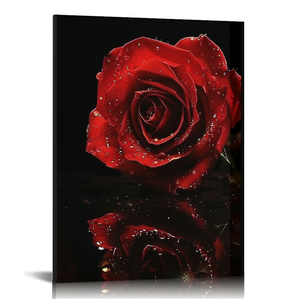 CANFLASHION Red Rose Canvas Wall Art Flower Blossoming on Black ...