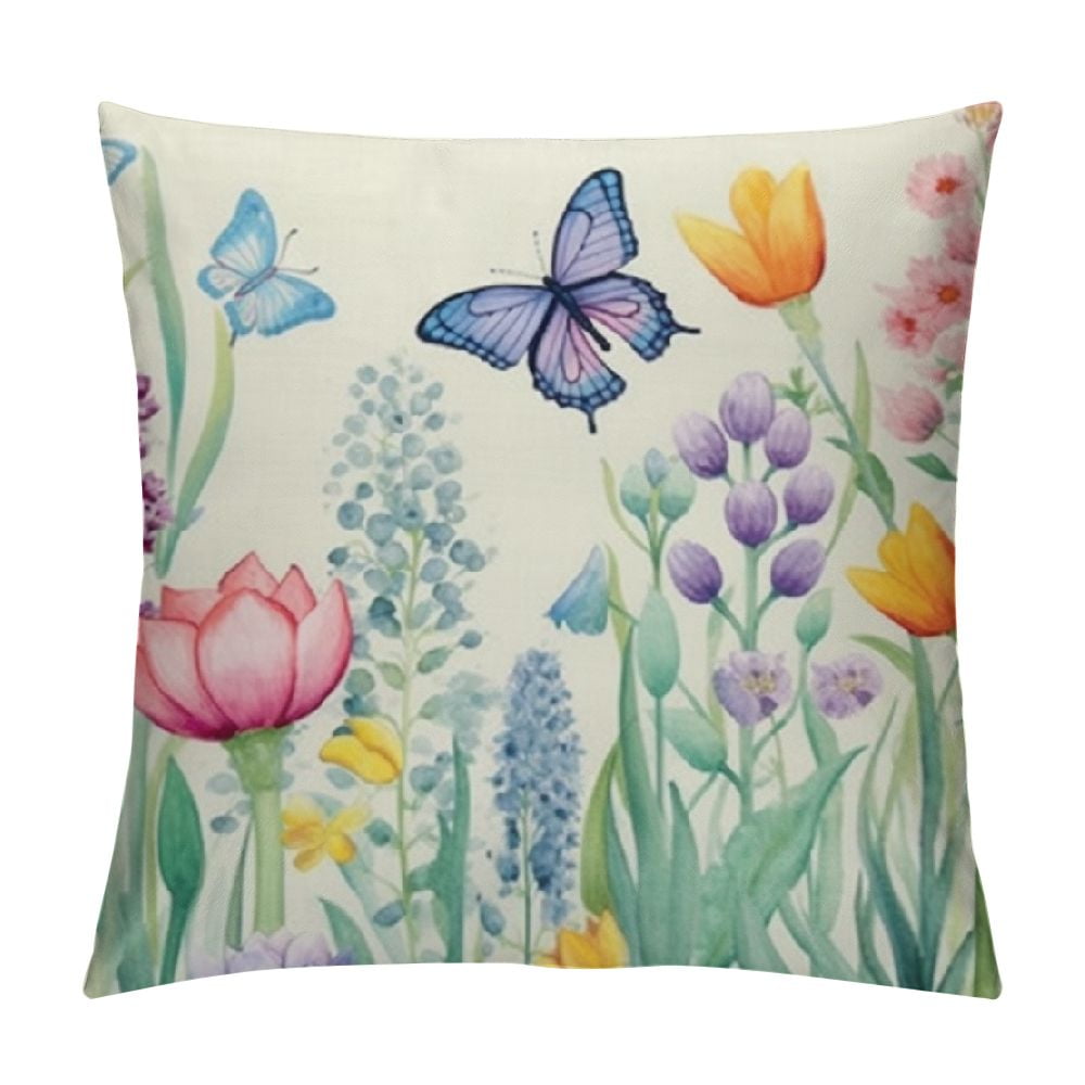 WENZZ Spring Flowers Tulip Butterfly Throw Pillow Cover,Spring Cushion ...