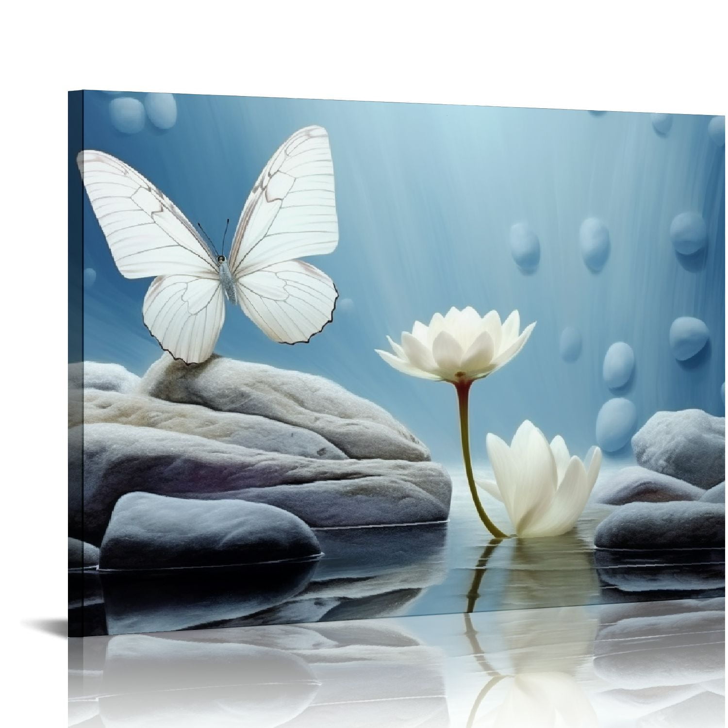 CANFLASHION Zen Stone Canvas Wall Art White Flower and Blue Butterfly ...