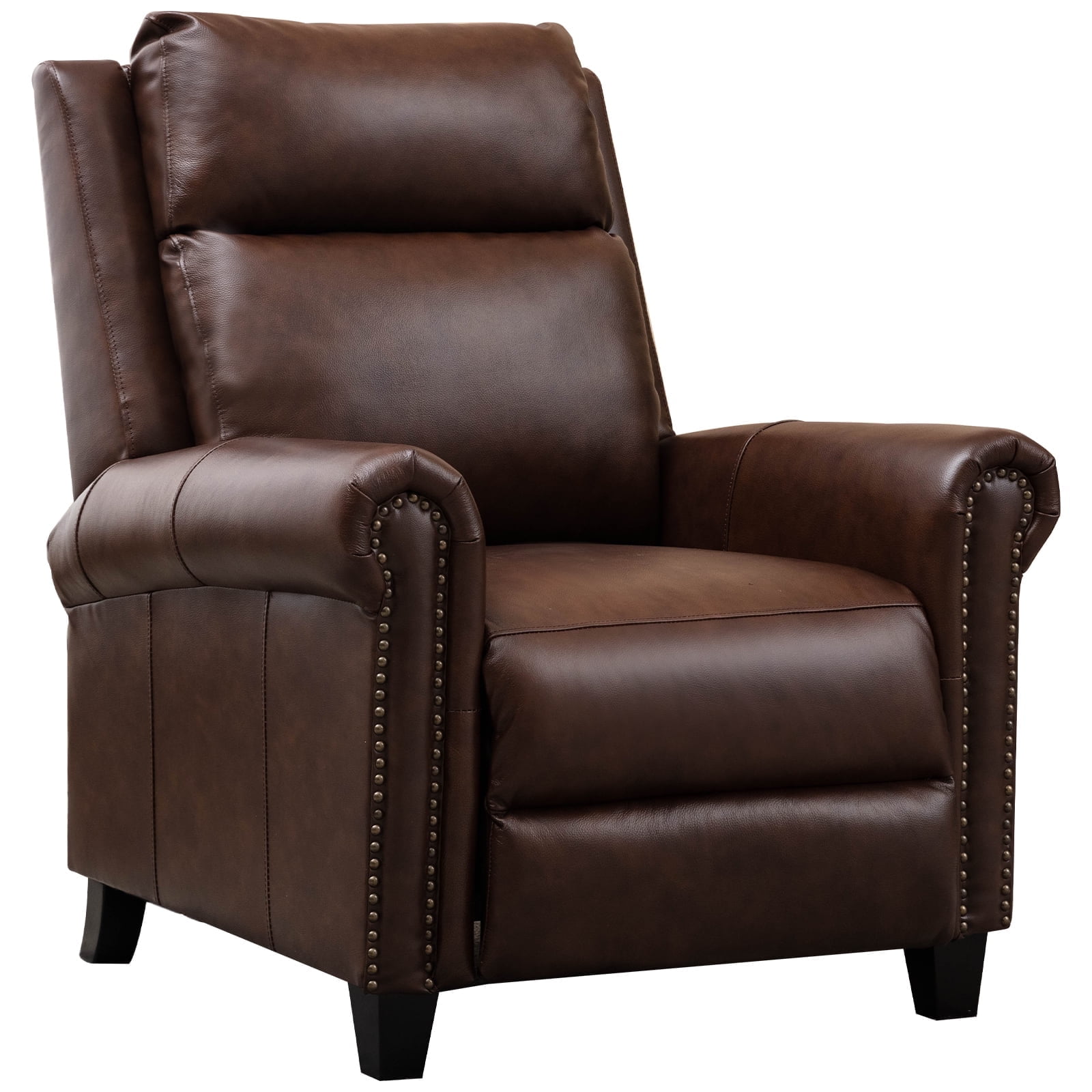 Bonzy Home Genuine Leather Recliner with Classic and Traditional Armrests inlaid with Vvintage Rivets Push Back Chair for Living Room Bedroom Brown