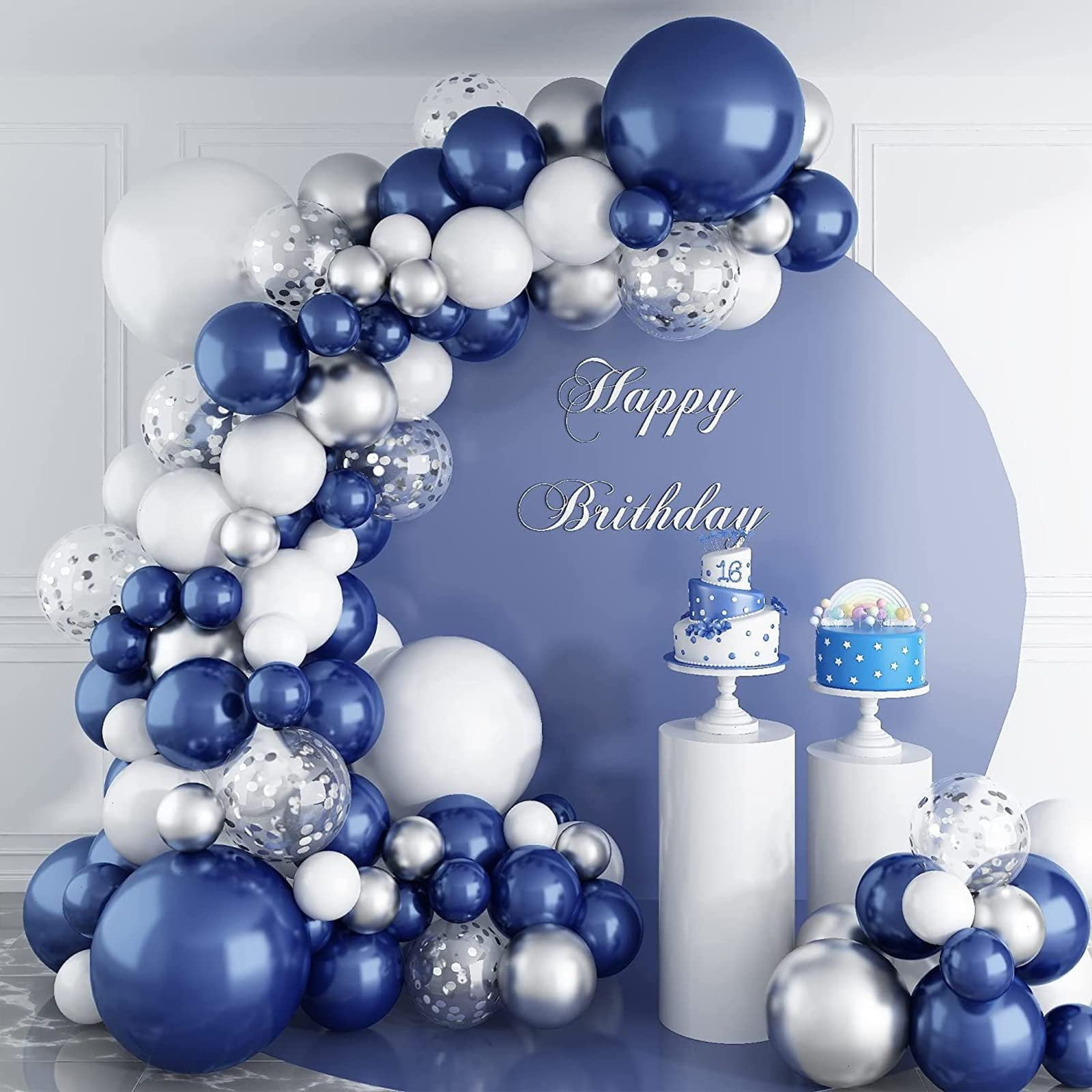 CANREVEL 127pcs Navy Blue SSF20 Silver Balloons Garland Kit White Silver Confetti Balloons Arch ...
