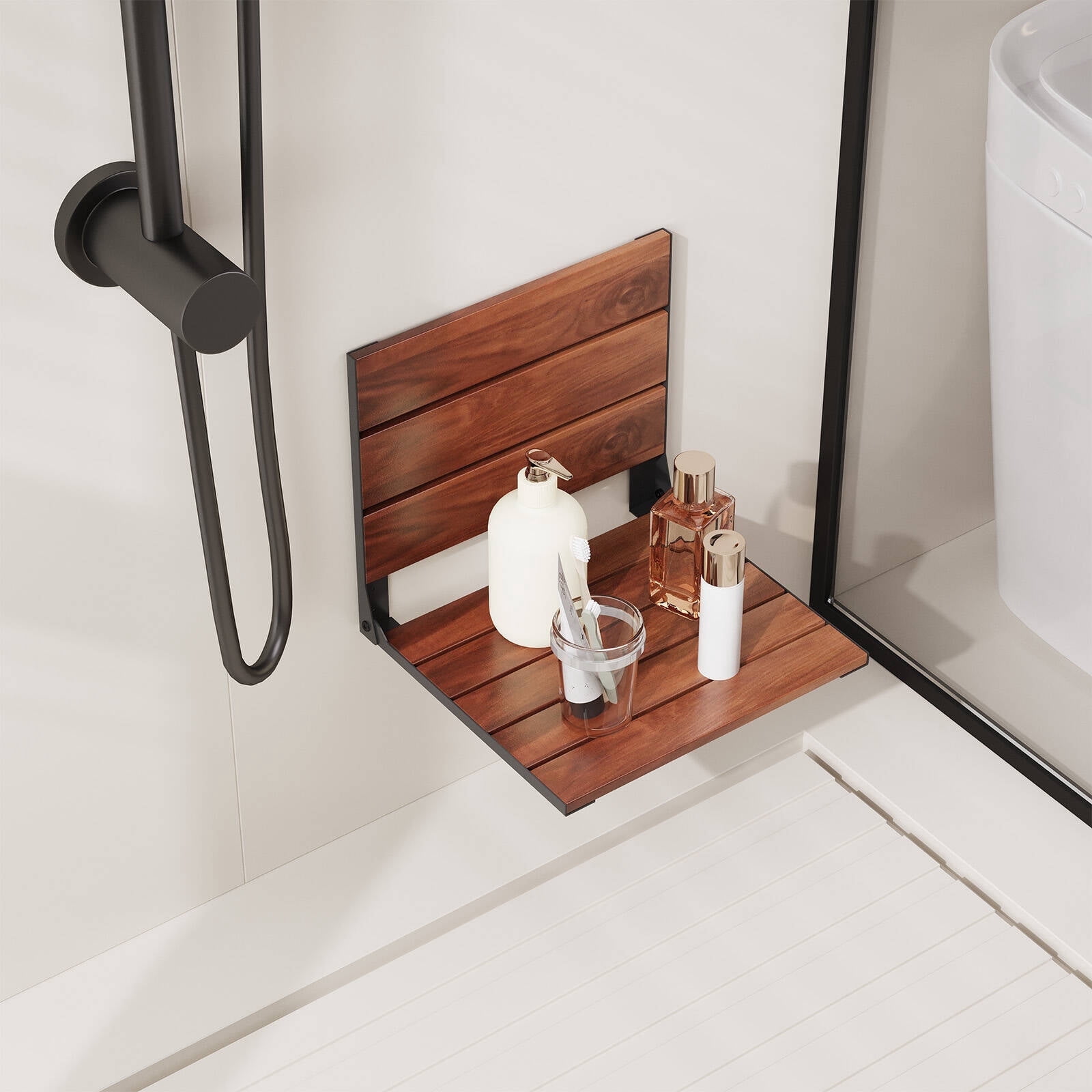 CANVORA Wall Mounted Folding Teak Shower Seat – 400lb Capacity, Space ...