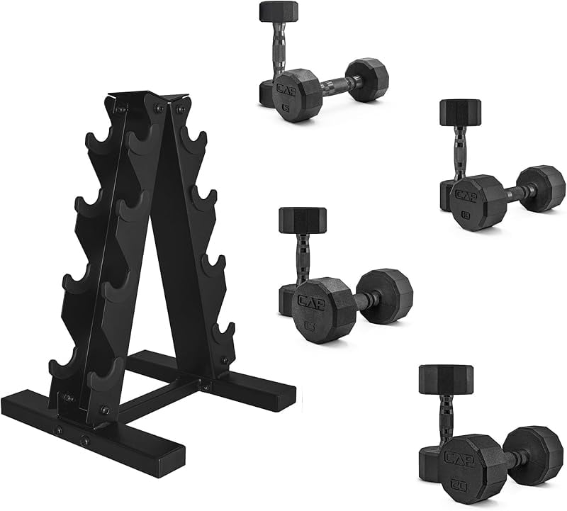 Barbell Rubber Coated Dumbbell Weight Set with Vertical Rack | 100 lb ...