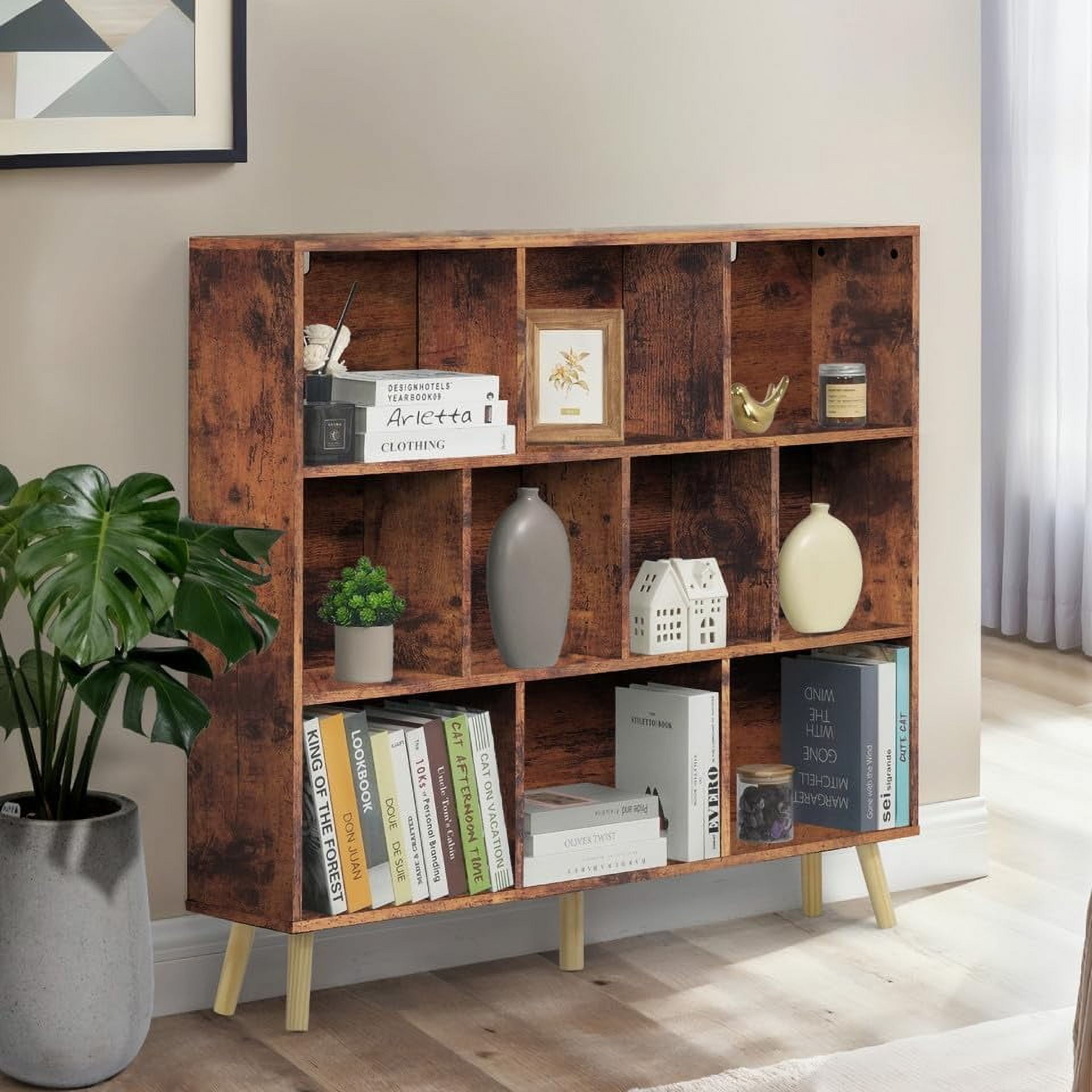 CAPHAUS 10 Cube 3 Tier Mid Century Bookshelf, 48” Wide Wooden Cube ...