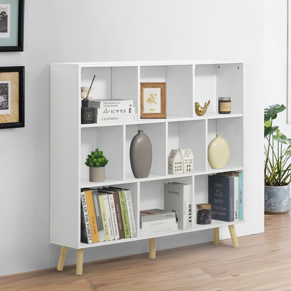 CAPHAUS 10 Cube 3 Tier Mid Century Bookshelf, 48” Wide Wooden Cube ...