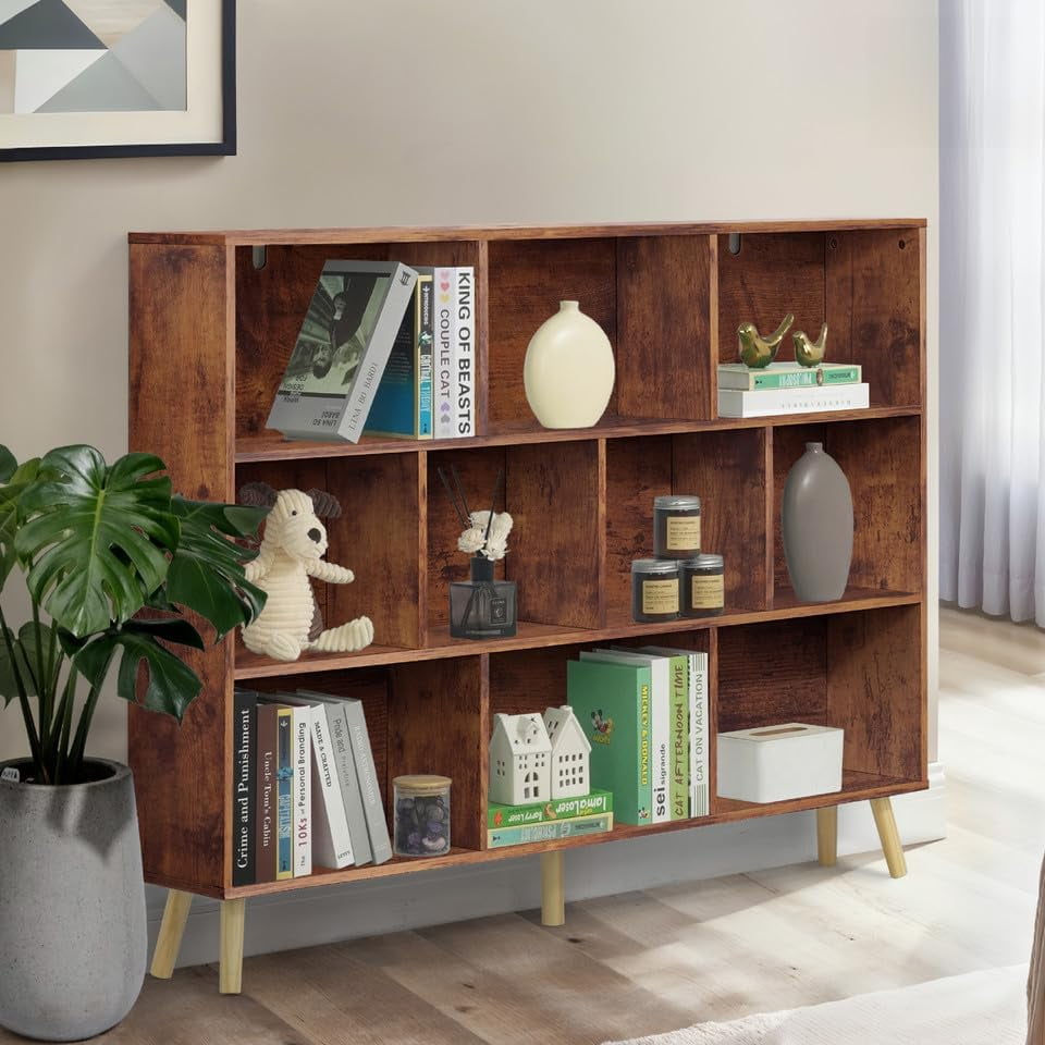CAPHAUS 10 Cube 3 Tier Mid Century Bookshelf, 55” Wide Wooden Cube ...