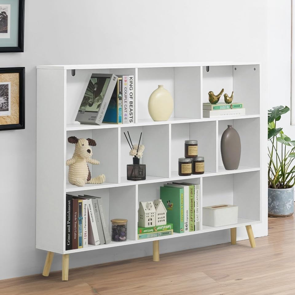 CAPHAUS 10 Cube 3 Tier Mid Century Bookshelf, 55” Wide Wooden Cube ...