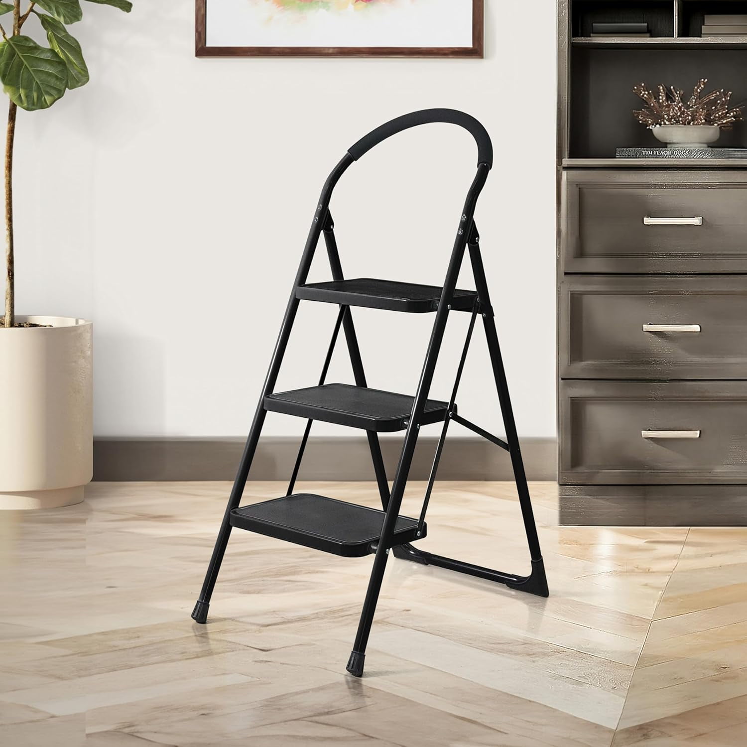 CAPHAUS 3-Step Ladder, Portable Folding Step Stool with Extra Wide Anti ...