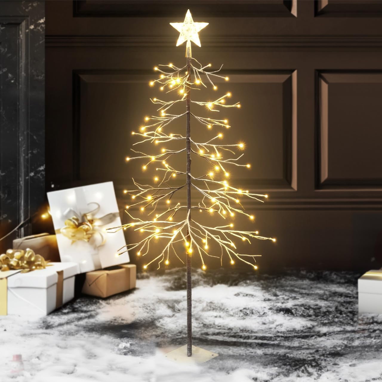 CAPHAUS 4 Feet, 48 inch Full Artificial Lighted Flocked Christmas Tree w/ 122 LED Lights ...