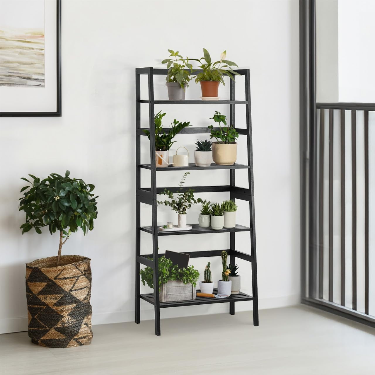 CAPHAUS 4-Tier Bamboo Ladder Shelf, Bamboo Open Storage Ladder ...