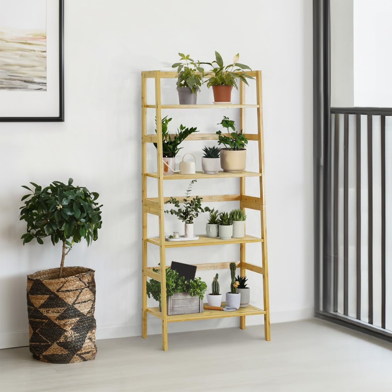 CAPHAUS 4-Tier Bamboo Ladder Shelf, Bamboo Open Storage Ladder ...