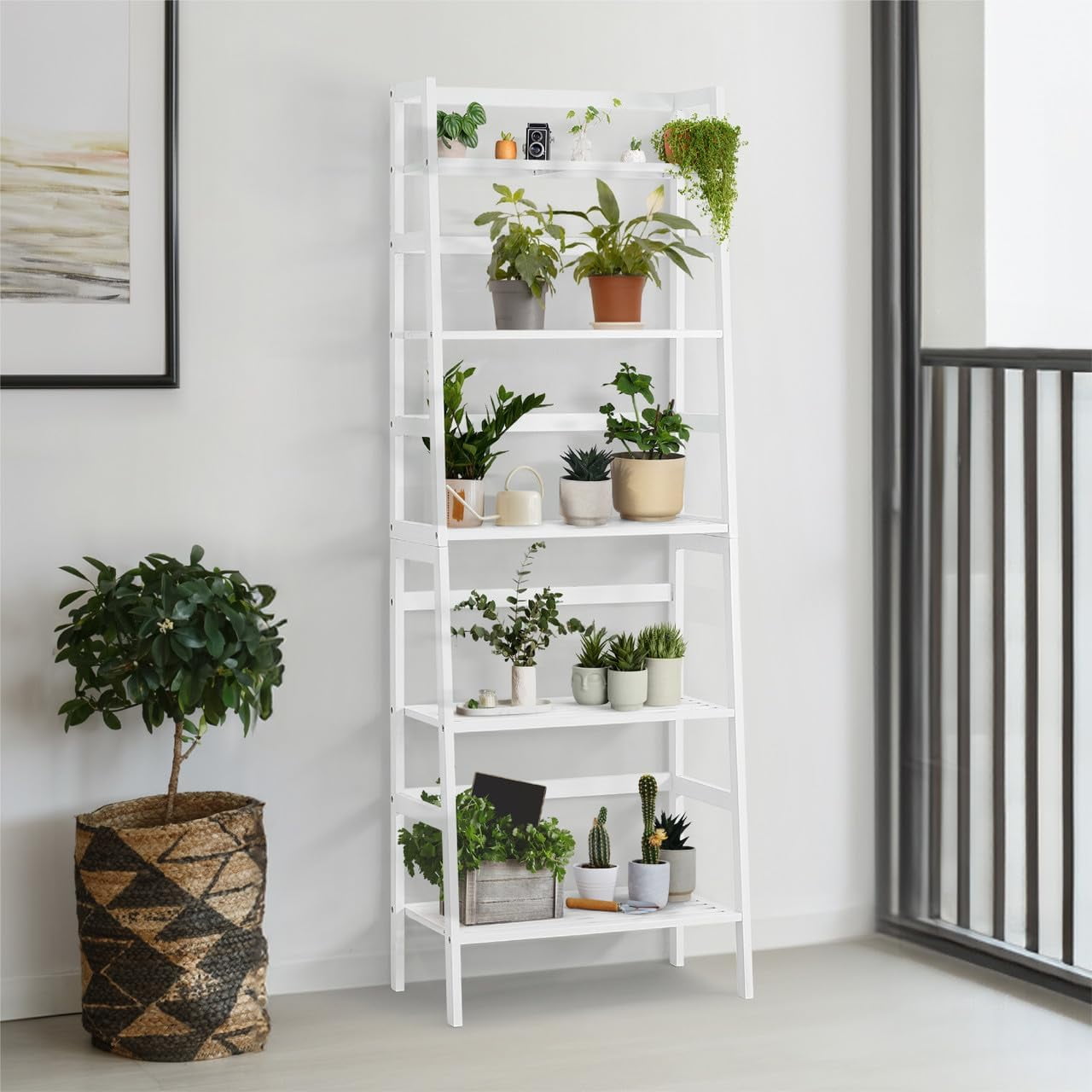 CAPHAUS 5-Tier Bamboo Ladder Shelf, Bamboo Open Storage Ladder ...