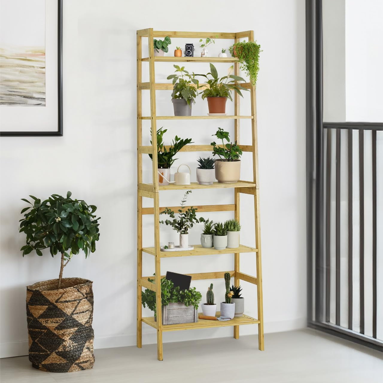 CAPHAUS 5-Tier Bamboo Ladder Shelf, Bamboo Open Storage Ladder ...
