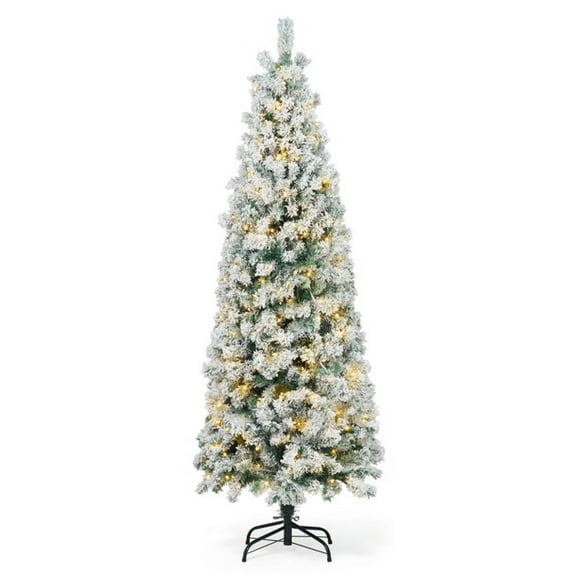 CAPHAUS 6 Feet Pre-lit Artificial Snow Flocked Christmas Pencil Tree w ...