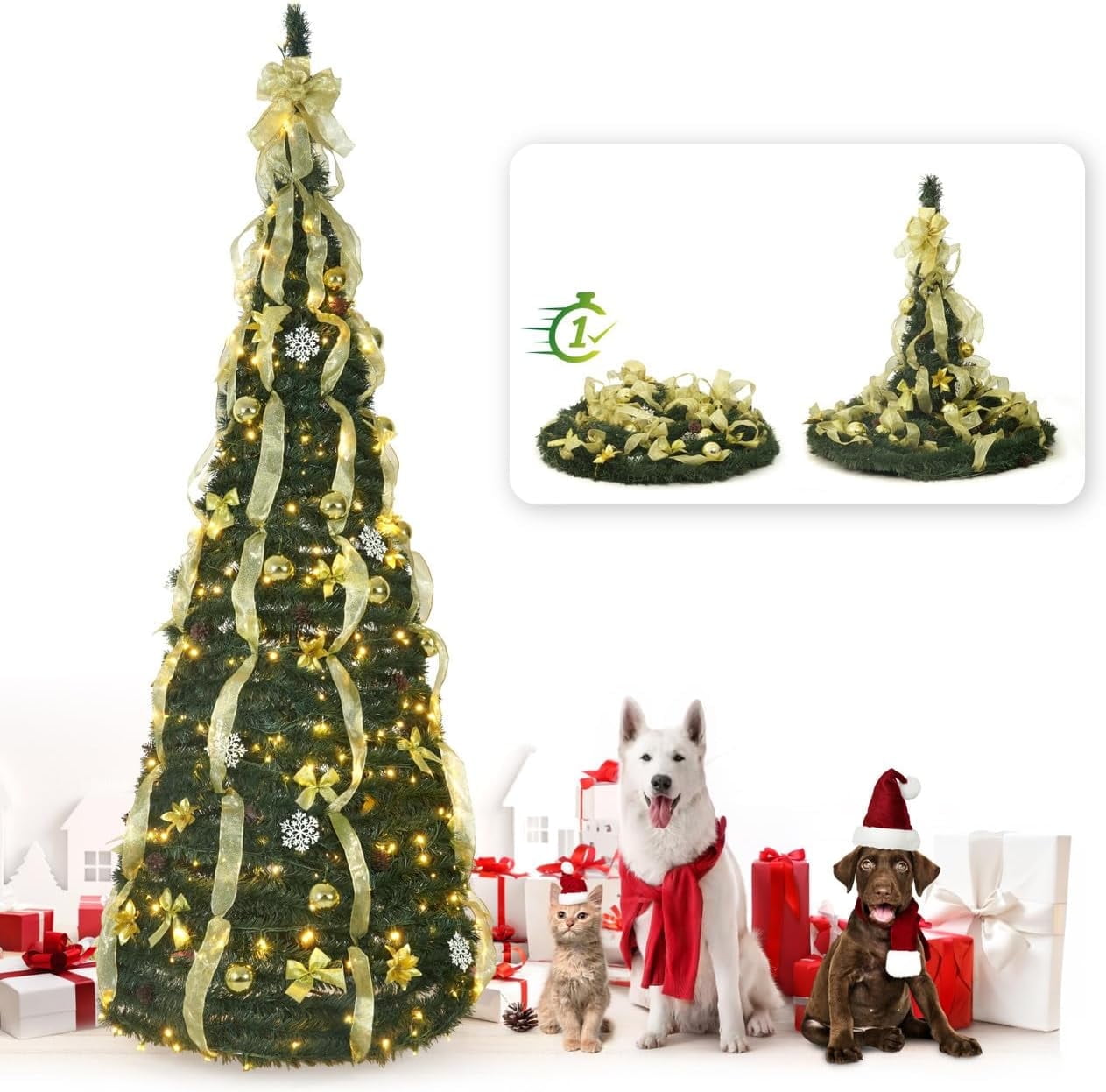 CAPHAUS 7.5 Feet Artificial Pop Up Christmas Tree w/ 4 Golden Ribbon ...