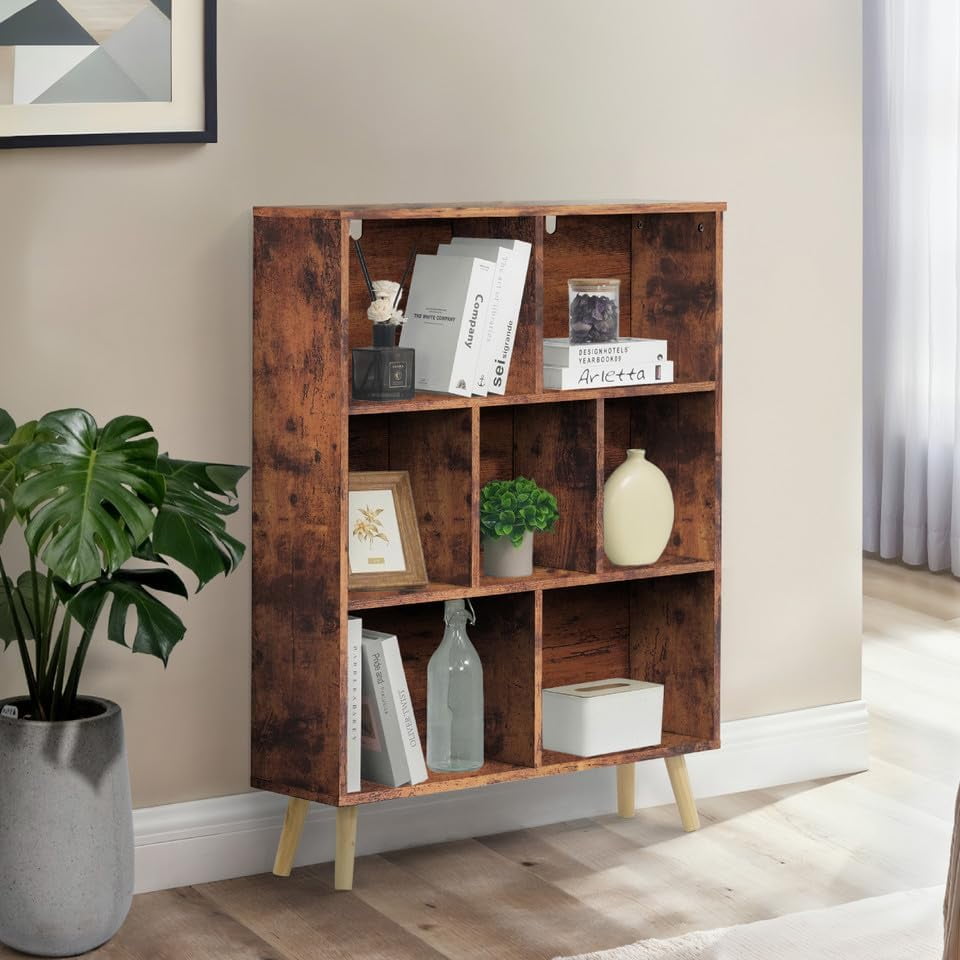 CAPHAUS 7 Cube 3 Tier Mid Century Bookshelf, 32” Wide Wooden Cube ...