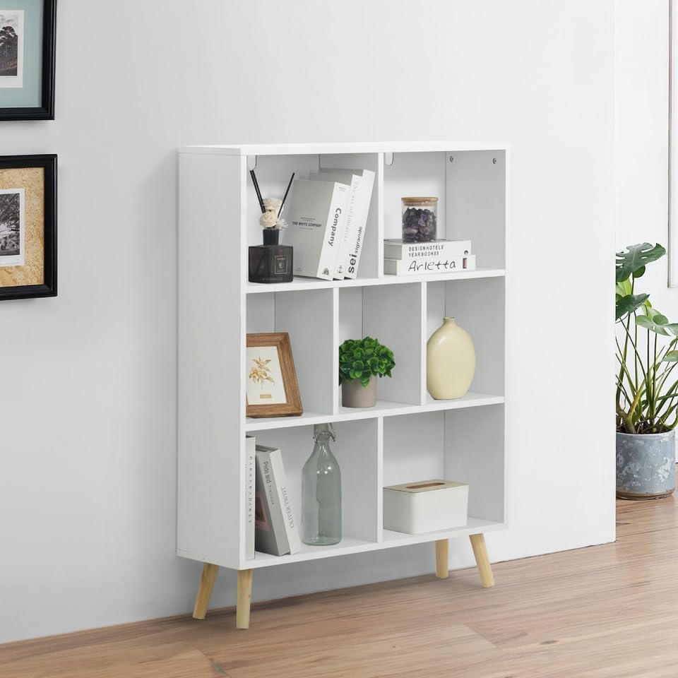 CAPHAUS 7 Cube 3 Tier Mid Century Bookshelf, 32” Wide Wooden Cube ...