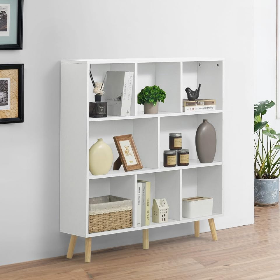 CAPHAUS 8 Cube 3 Tier Mid Century Bookshelf, 40” Wide Wooden Cube ...
