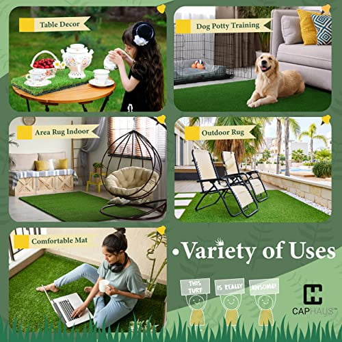 CAPHAUS Artificial Grass Turf Tiles for Patio, Self-Draining Interlocking Fake Faux Grass Pet ...