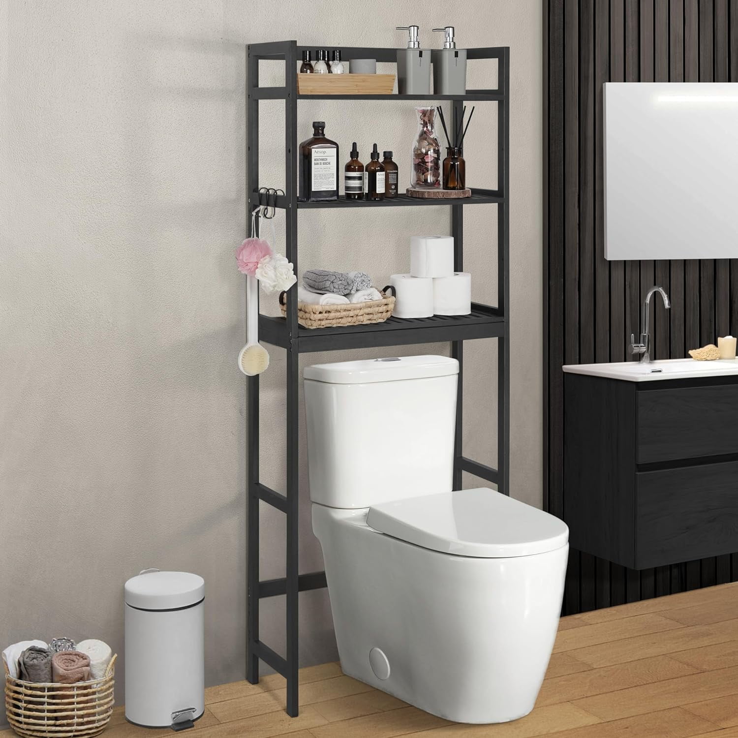 CAPHAUS Bamboo Over The Toilet Storage, Behind Toilet Bathroom Shelf ...