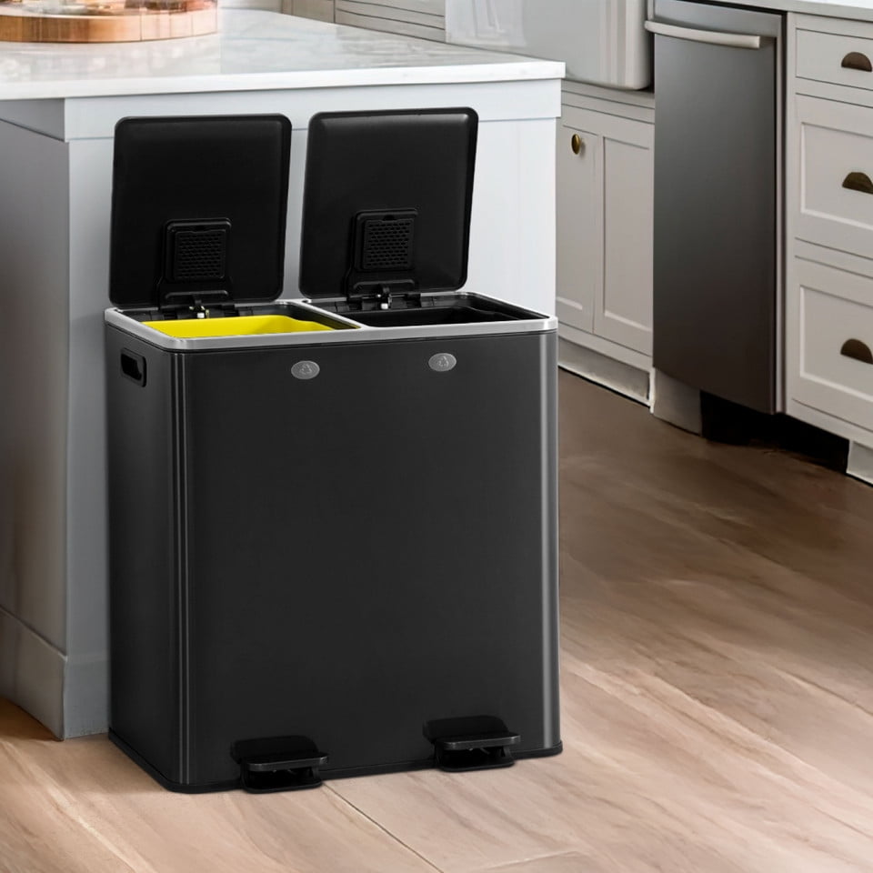 CAPHAUS Black Dual Trash Can w/ Double Lid, Trash & Recycle Bins Combo ...