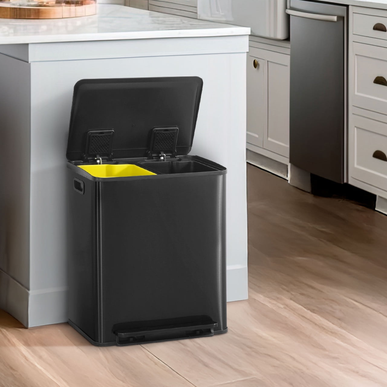 CAPHAUS Black Dual Trash Can w/ Single Lid, Trash & Recycle Bins Combo ...