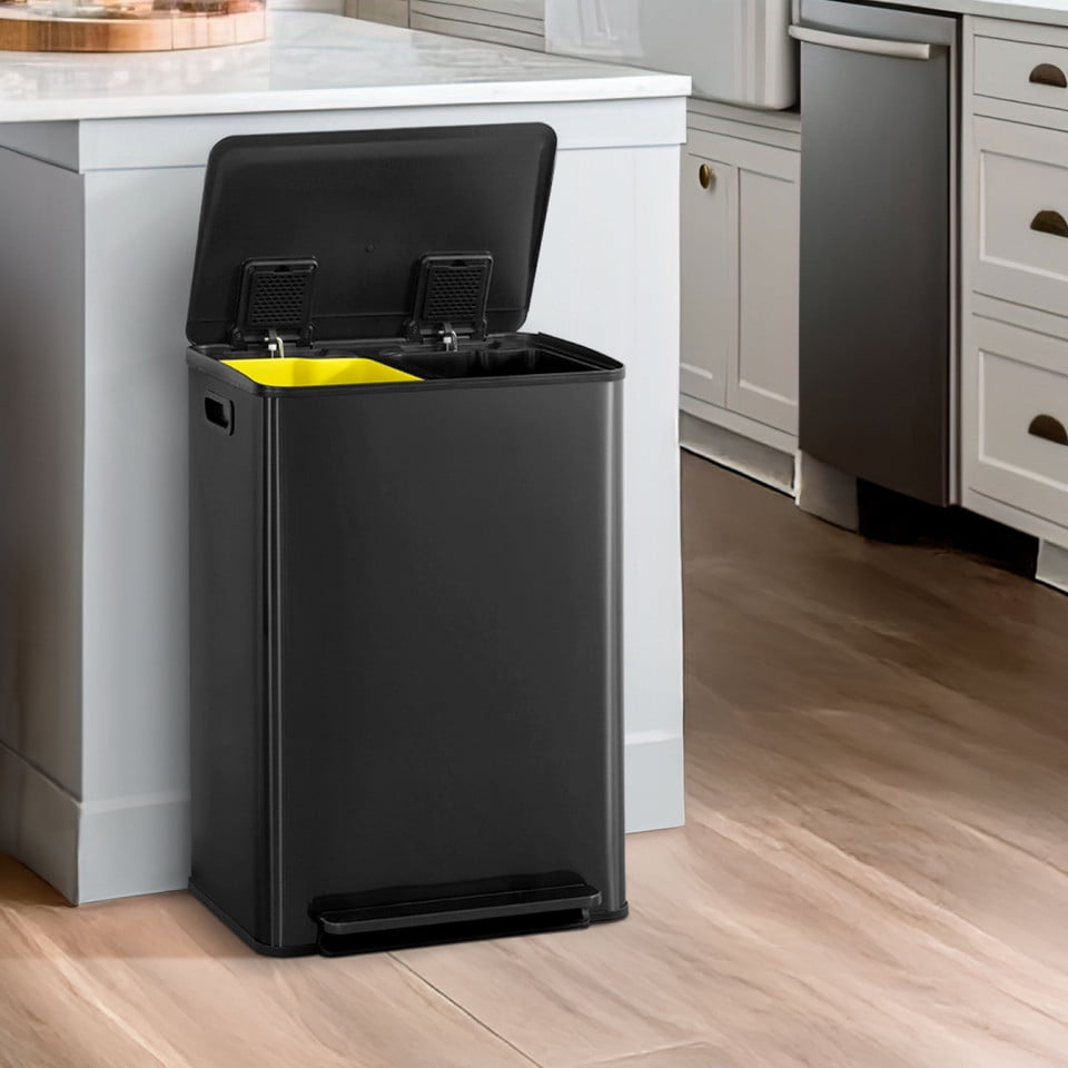 CAPHAUS Black Dual Trash Can w/ Single Lid, Trash & Recycle Bins Combo ...