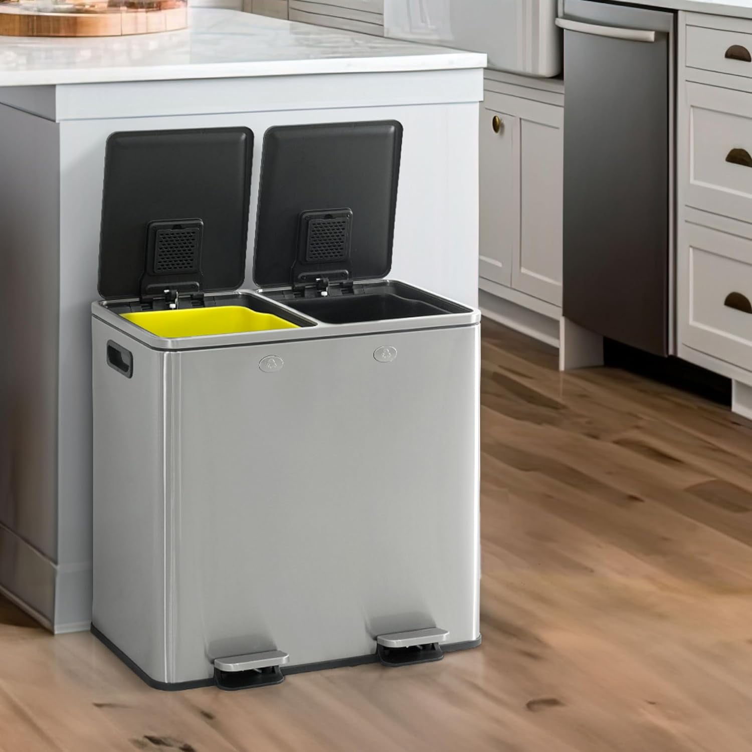 CAPHAUS Dual Trash Can with Double Lid, Trash and Recycle Bins Combo ...