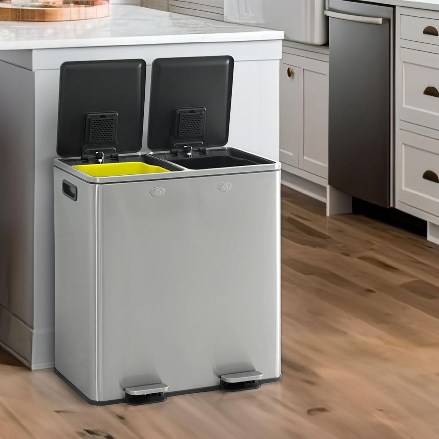 CAPHAUS Dual Trash Can with Double Lid, Trash and Recycle Bins Combo ...
