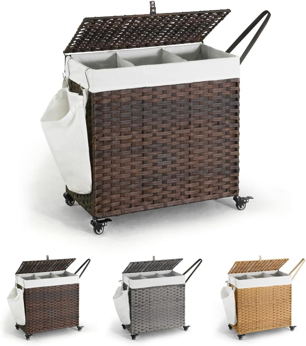 CAPHAUS Handwoven Basket w/Lid for Storage, Synthetic Rattan Laundry ...