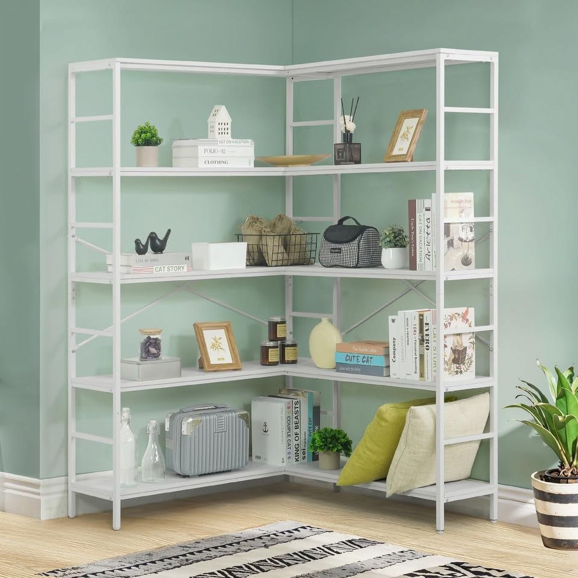 CAPHAUS L-Shaped Bookshelf, 5 Tier Industrial Corner Bookcase, Tall ...