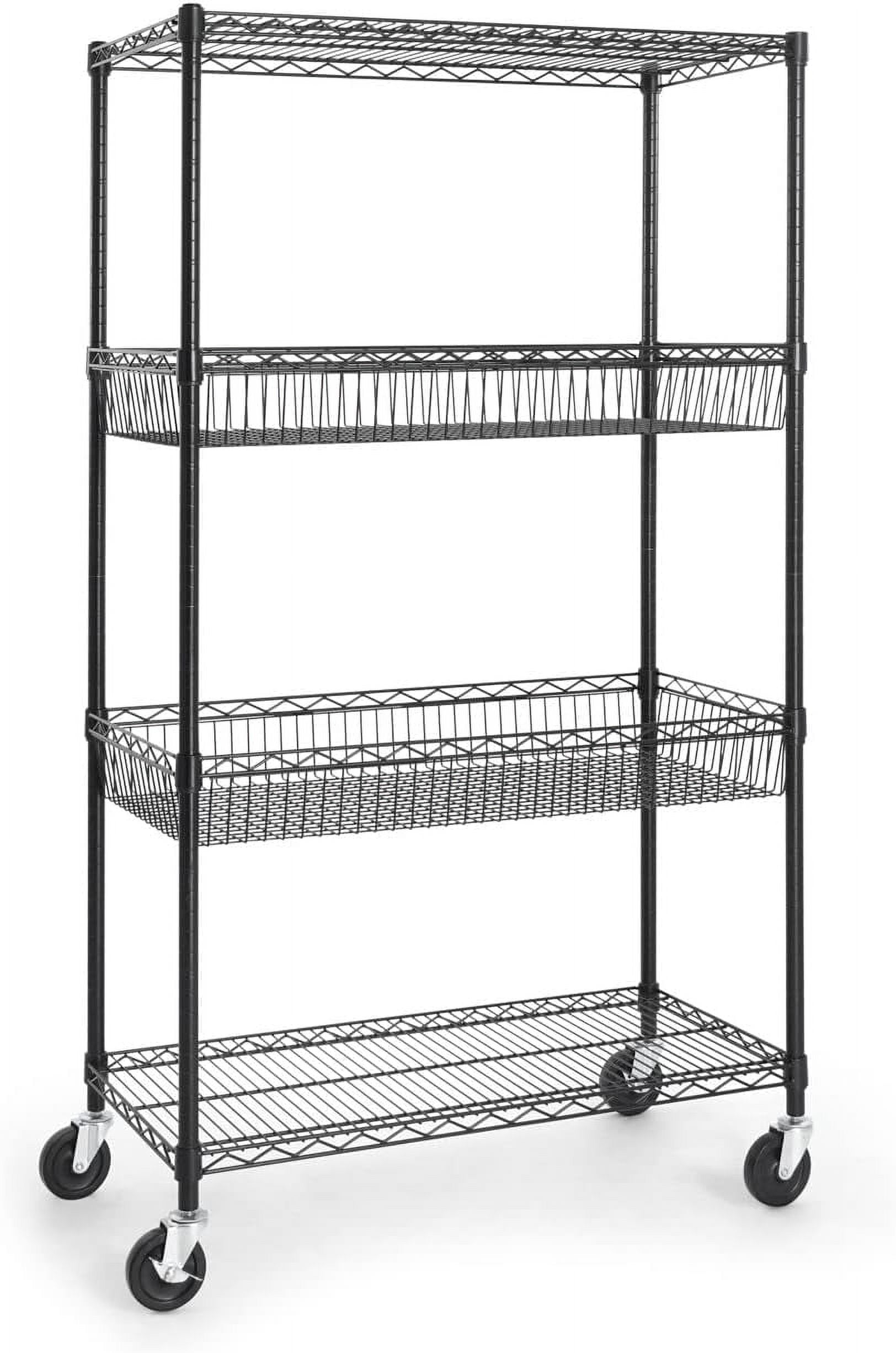 CAPHAUS Heavy Duty Adjustable 4 Tier Steel Wire Shelving, Rectangle Baskets, Wheels, Black ...