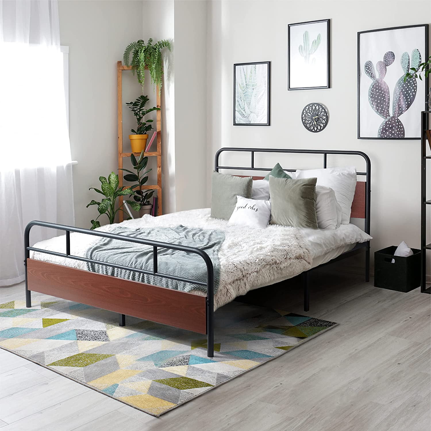 CAPHAUS Round Corner Metal Bed Frame with Modern Wood Headboard and ...