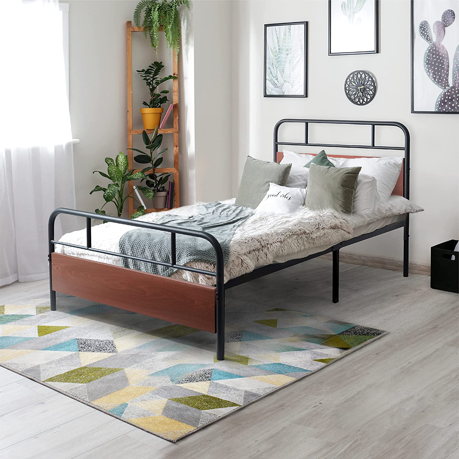 CAPHAUS Round Corner Metal Bed Frame with Modern Wood Headboard and ...