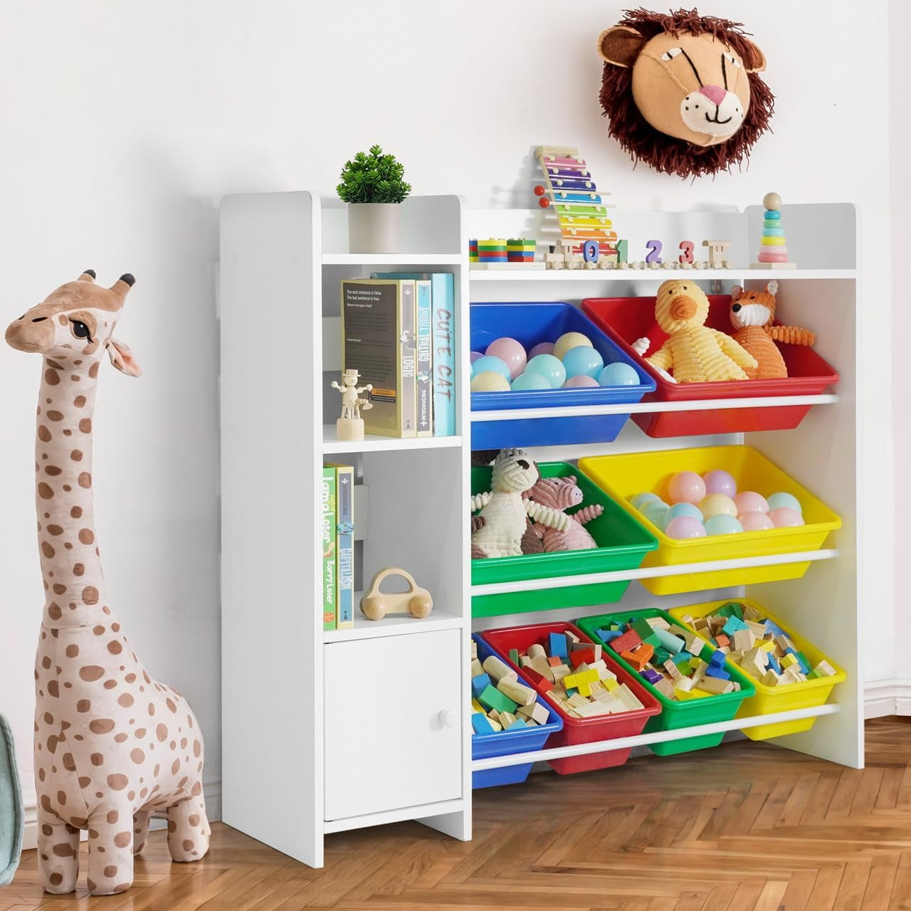 CAPHAUS Toy Organizer with 8 Multi-Color Plastic Bins, Storage Cabinet ...