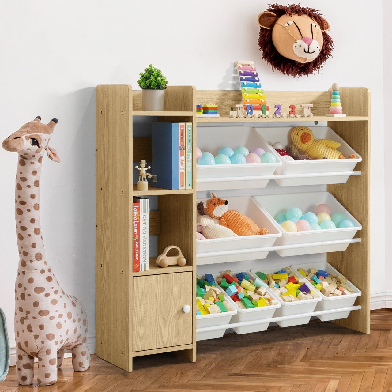 CAPHAUS Toy Organizer with 8 White Plastic Bins, Storage Cabinet for ...